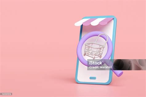 3d 휴대폰 상점 앞이 있는 스마트폰 쇼핑 카트 분홍색 배경에 분리된 돋보기 웹 검색 엔진 또는 웹 브라우징 온라인 쇼핑 개념 3d 렌더링 일러스트레이션 3차원 형태에 대한