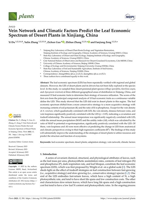 Pdf Vein Network And Climatic Factors Predict The Leaf Economic Spectrum Of Desert Plants In