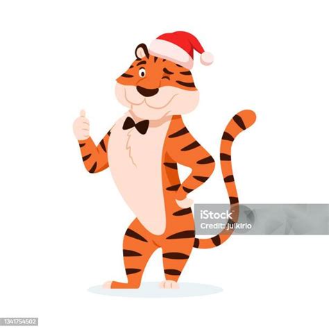 흰색 배경에 고립 된 확인 손 제스처와 산타 모자에 귀여운 만화 호랑이 사랑스러운 윙크 휴일 오렌지 줄무늬 와일드 캣 웃는 중국