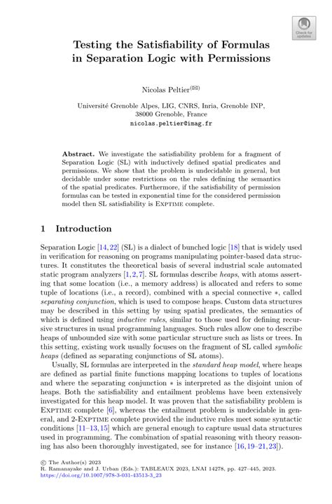Pdf Testing The Satisfiability Of Formulas In Separation Logic With