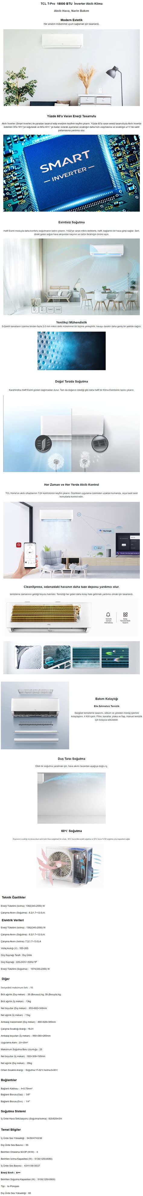 Tcl T Pro Serisi İnverter Akıllı Klima 18000btu Wi Fi Tac 18chsd Tpg21i