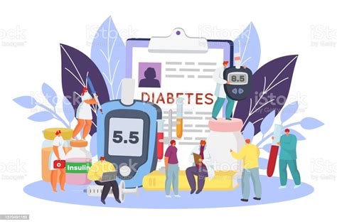 당뇨병 개념 설탕 수준 벡터 일러스트레이션 평평한 작은 남자 캐릭터는 인슐린 의학 포도당 비율을 가진 당뇨병 장비를 사용합니다 개념에 대한 스톡 벡터 아트 및 기타 이미지