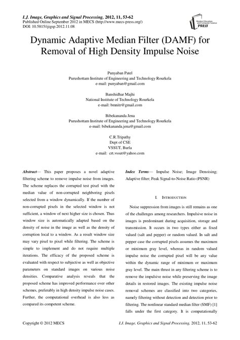 Pdf Dynamic Adaptive Median Filter Damf For Removal Of High Density