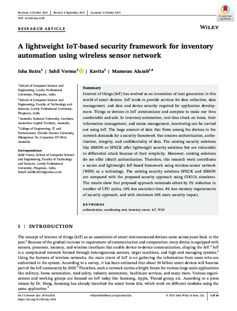 Pdf A Lightweight Iot Based Security Framework For Inventory Automation Using Wireless Sensor