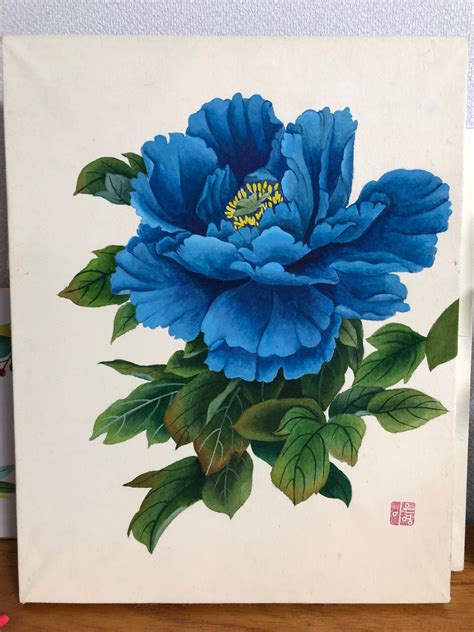 꽃채색화 한국화물감 동양화 모란꽃 파란색 동양화 민화 모란 그림