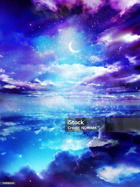 물 표면에 반사되는 구름과 별의 아름다운 무지개 바다와 함께 다채로운 공간에서 빛나는 초승달 모양의 환상적인 그림 바다에 대한 스톡 벡터 아트 및 기타 이미지 Istock