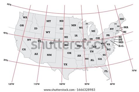 Administrative Map United States Latitude Longitude Stock Vector