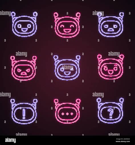 Robot Emojis Neon Light Icons Set Chatbot Emoticons Chat Bot Smileys Artificial Intelligence