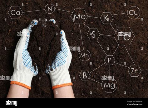 Woman Holding Pile Of Soil Above Ground Top View Scheme With Chemical