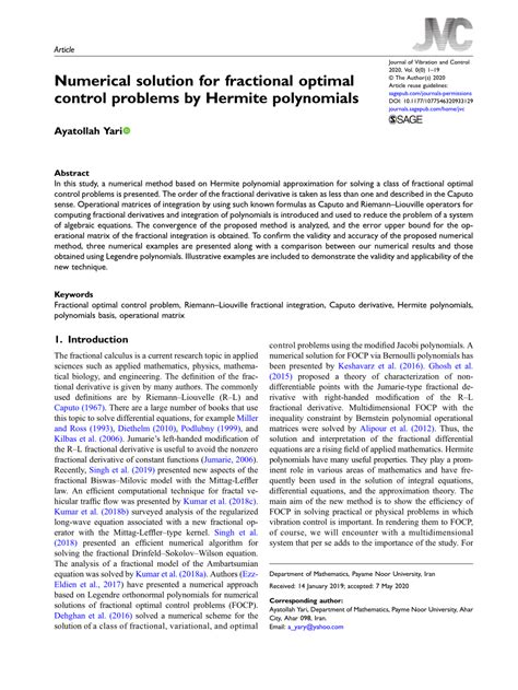 Pdf Numerical Solution For Fractional Optimal Control Problems By Hermite Polynomials