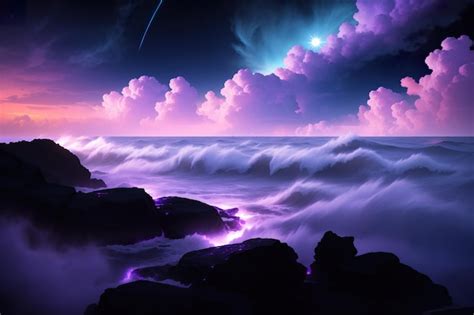 Premium Ai Image Violet Sun Raging Sea Clouds Purple Sky Background
