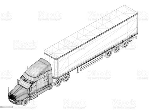 흰색 배경에 고립 된 검은 색 라인에서 마차와 트럭의 와이어 프레임 등등 측정 보기 3d 벡터 일러스트레이션 전경에 대한 스톡 벡터 아트 및 기타 이미지 Istock