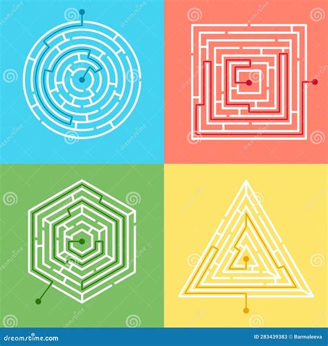 Four Various Mazes Simple Logic Game With Labyrinths Way Quiz Finding Exit Path Rebus Or