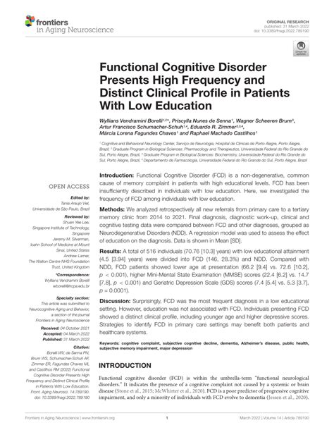 Pdf Functional Cognitive Disorder Presents High Frequency And Distinct Clinical Profile In