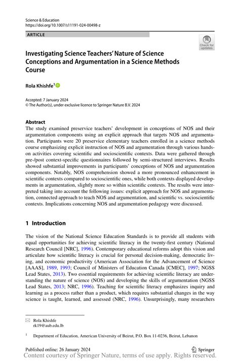 Investigating Science Teachers Nature Of Science Conceptions And Argumentation In A Science