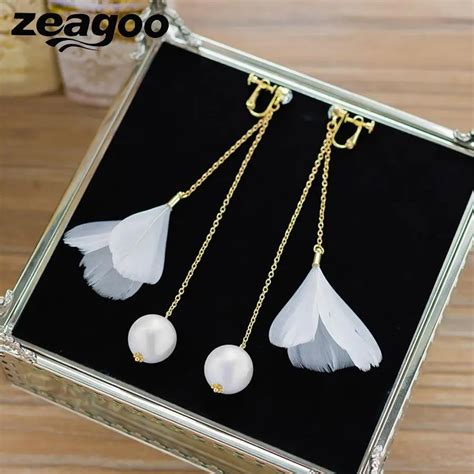 여자 매달려 귀걸이 깃털 저녁 크리스탈 클립 유행 진주 파티단추모양 귀걸이 Aliexpress