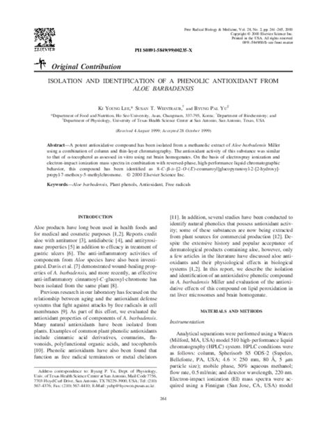 Pdf Isolation And Identification Of A Phenolic Antioxidant From Aloe Barbadensis Byung Pal
