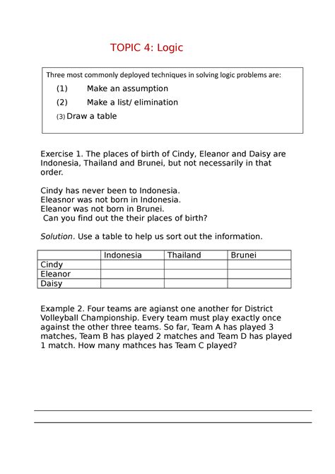 Logic Topic 4 Logic Exercise 1 The Places Of Birth Of Cindy Eleanor And Daisy Are