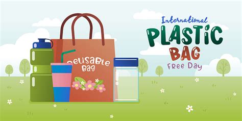 국제 비닐 봉지 무료 배너 포스터 종이 봉지 유리 항아리 재사용 가능한 병 및 텀블러 신선한 배경 벡터 일러스트레이션 7월에 대한 스톡 벡터 아트 및 기타 이미지 Istock