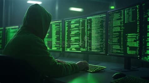 hacker in dark room coding on multiple monitors stock illustration