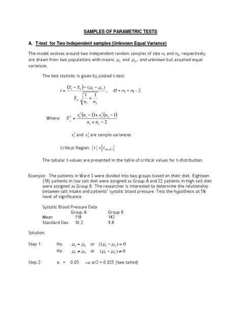 Samples Of Parametric Tests A T Test For Two Independent Samples