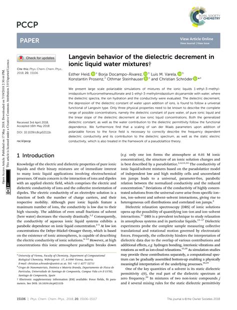 Pdf Langevin Behavior Of The Dielectric Decrement In Ionic Liquid Water Mixtures
