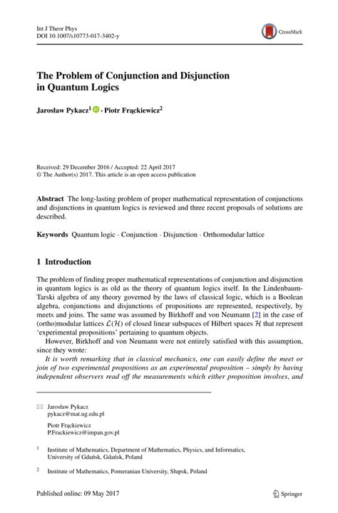 Pdf The Problem Of Conjunction And Disjunction In Quantum Logics