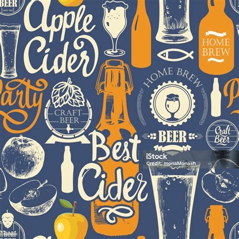 맥주 사이 다와 애플 스케치 스타일에서 패턴입니다 술집 메뉴에 대 한 완벽 한 배경입니다 벡터 일러스트 레이 션 레이블 병 유리 브러시 서 예 요소 필기 잉크 레터링 공예에