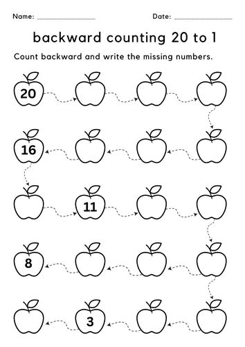 Printable Missing Number Backward Counting 20 To 1 Worksheet For