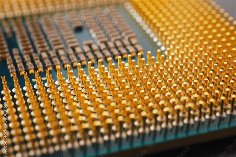 Microprocessor Of Computer Closeup Cpu Semiconductor Pins And Connectors Electronic And