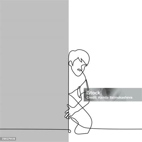 남자는 웅크리고 벽 뒤에서 밖을 내다보고 있습니다 하나의 선 그리기 벡터 엿보는 개념 스파이 각도에 대한 스톡 벡터 아트 및 기타 이미지 Istock