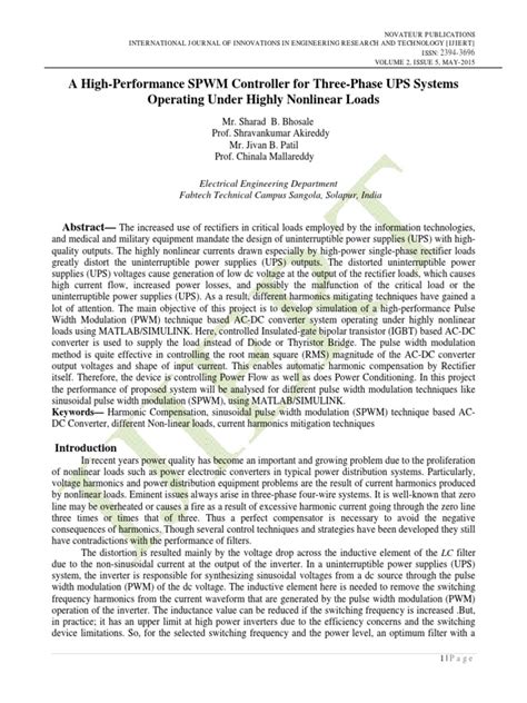 A High Performance Spwm Controller For Three Phase Ups Systems Operating Under Highly Nonlinear