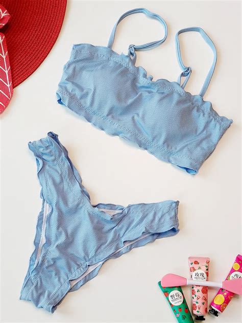 ست لباس بیکینی شنا زنانه دو تکه برند شین Shein طرح چهار خانه زرد رنگ با سوتین مایو مثلث شکل