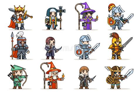 Lineart Fantasy Set Rpg Game Heroes Character Vector Icons Flat Design Vector Illustration Stock