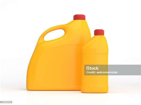 빨간색 캡이 있는 빈 노란색 캐니스터 크고 작은 브랜딩용 플라스틱 오일 및 액체 세제 용기 포장 3d 렌더링 기계류에 대한 스톡 사진 및 기타 이미지 Istock