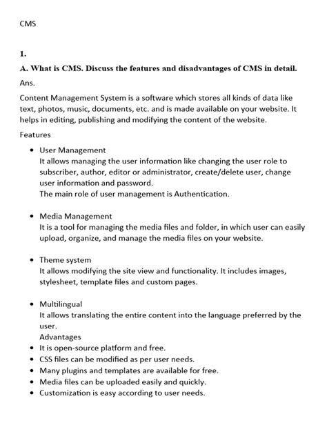 A What Is Cms Discuss The Features And Disadvantages Of Cms In Detail