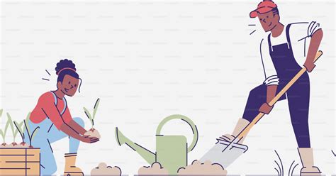 커플은 함께 정원 가꾸기 플랫 벡터 그림입니다 아프리카계 미국인 농부들은 윤곽선이 있는 꽃 만화 캐릭터를 심고 있다 농작물을 재배하는 남자와 여자 식물 종묘장 봄 작품