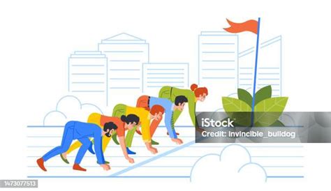 비즈니스 남성과 여성과의 비즈니스 경쟁 개념은 낮은 시작 자세로 서서 대기 신호를 실행할 준비를합니다 시작에 대한 스톡 벡터 아트 및 기타 이미지 Istock