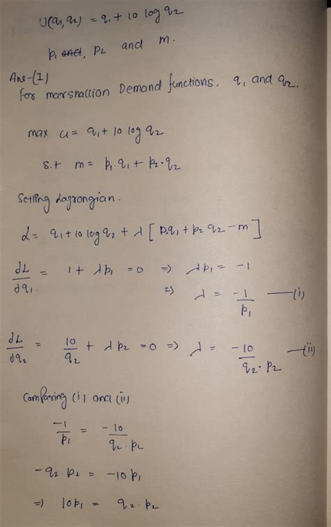 Given The Following Utility Function Where Q1 And Q2 Are Consumer