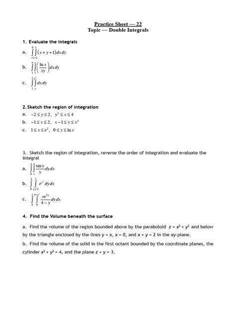 Practice Sheet 22 Double Integrals Pdf Mathematical Analysis