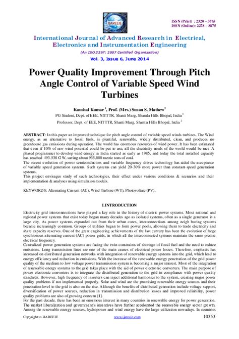 Pdf Power Quality Improvement Through Pitch Angle Control Of Variable
