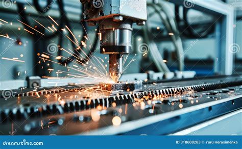 A Cnc Machine Expertly Cuts Through Metal In A Factory Creating Sparks