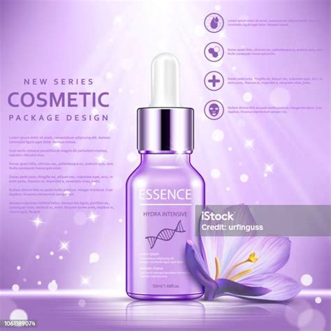 화장품 광고 템플릿 배경 벡터 일러스트 레이 션에 꽃과 반짝이 요소와 에센스 한 병 3차원 형태에 대한 스톡 벡터 아트 및 기타 이미지 3차원 형태 건강관리와 의술