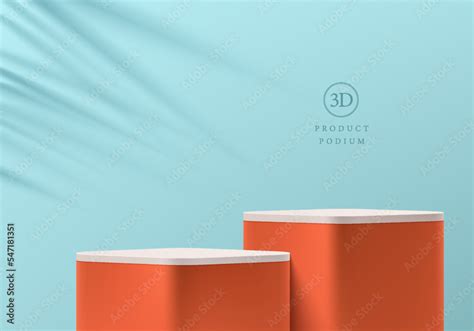 Abstract Blue 3d Background With Realistic Orange Cube Stand Product Podium Set And Leaf Shadow Abstract Blue 3d Background With Realistic Orange Cube Stand Product Podium Set And Leaf Shadow