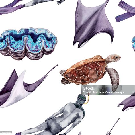 만타 레이 바다 거북 거대한 조개 및 다이버가 있는 열대 이음매 없는 패턴 손으로 그린 수채화 그림은 흰색 배경에 고립되어