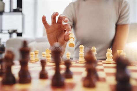 chess game and woman with board moving piece for strategy thinking