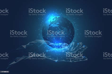 다각형 손을 글로브 추상적인 기술 글로벌 비즈니스 개념입니다 기술 연결입니다 3차원 형태에 대한 스톡 벡터 아트 및 기타 이미지