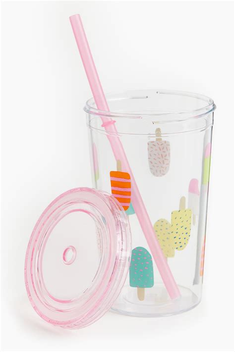 Patterned Plastic Mug With A Straw Pinkice Cream Home All Handm Gb