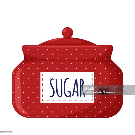물방울 무늬가있는 붉은 설탕 그릇 뚜껑과 라벨 첨부 주방 용품 설탕 용기 달콤한 음식 만화 플랫 스타일로 일러스트 흰색 배경에 격리 개체 그룹에 대한 스톡 벡터 아트 및