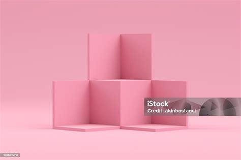 3d 빈 큐브 등각투영 제품 스탠드 분홍색 색상 배경에 연단 기하학적 모양 추상적 인 최소 배경 0명에 대한 스톡 사진 및 기타